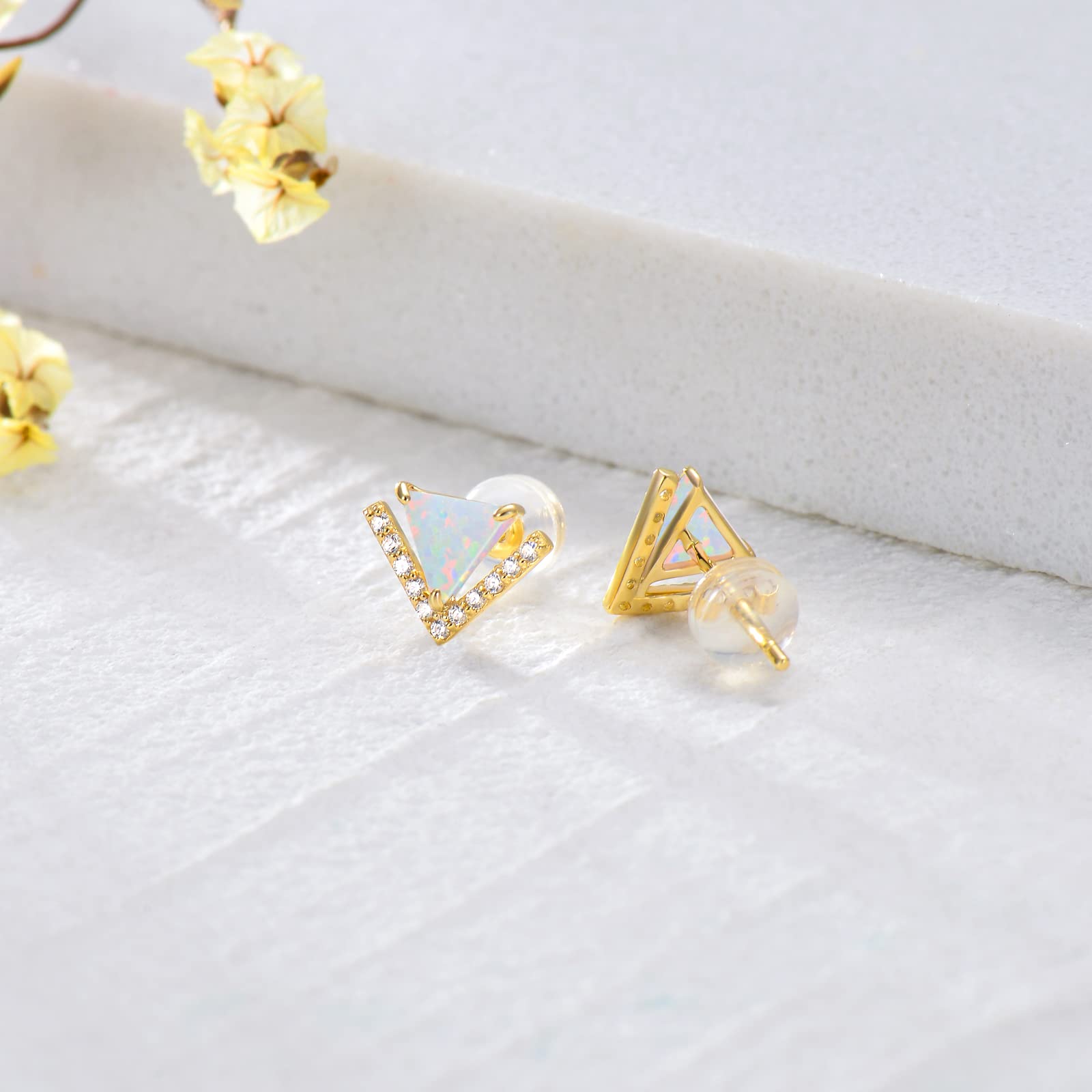 14K Real Solid Gold Triangle Opal Stud Earrings for Women Gifts Screw Back Opal Earrings 10mm Gold stud Earrings Opal Jewelry