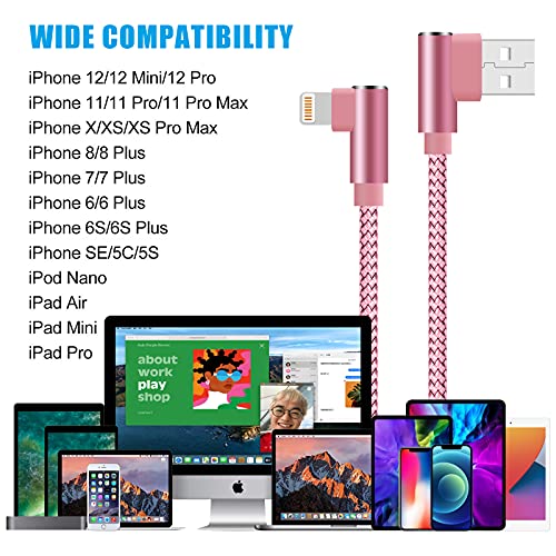 iPhone Charger 10 ft 90 Degree Lightning Cable 3 Pack MFi Certified Lightning Cable Nylon Braided Right Angle iPhone Charging Cable for iPhone 13 12 11 Pro X XS XR 8 Plus 7 6 5(Rose Gold,10 Foot)