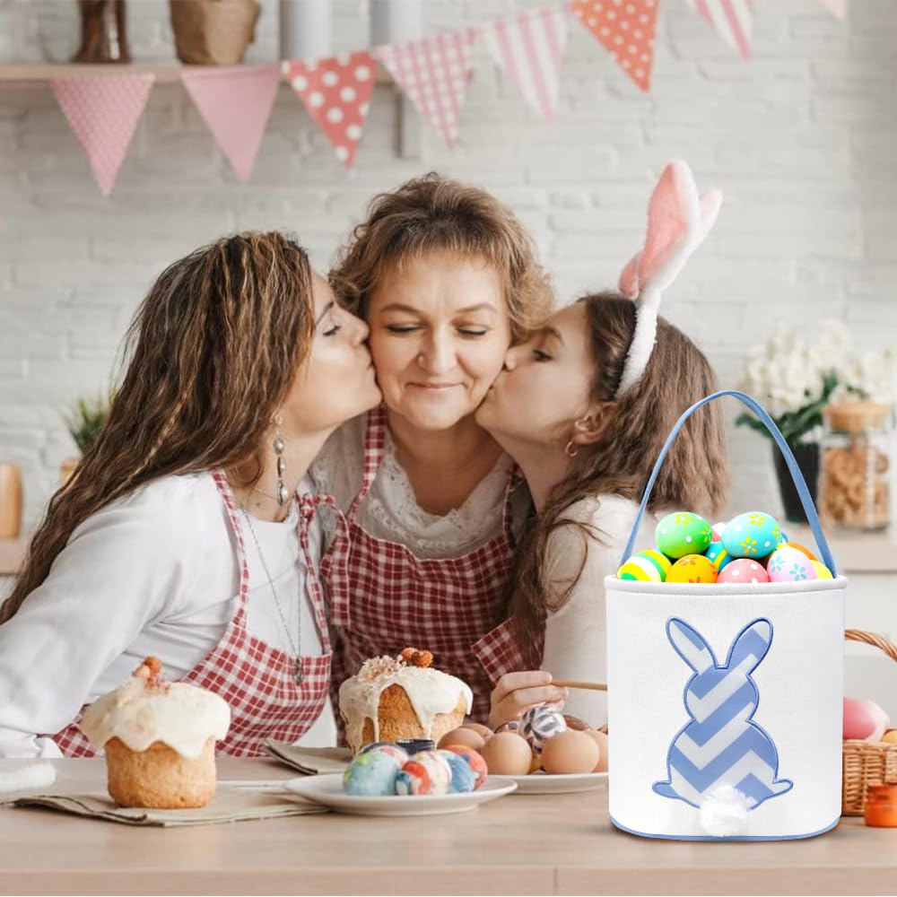 AOUTACC 3 Pack Easter Bunny Baskets, Easter Egg Hunt Bunny Bags Little Baskets with Fluffy Tail Canvas Cotton Rabbit Handbag Bucket Tote Bag for Kids Girls (Style 3,Pink + Green + Blue)