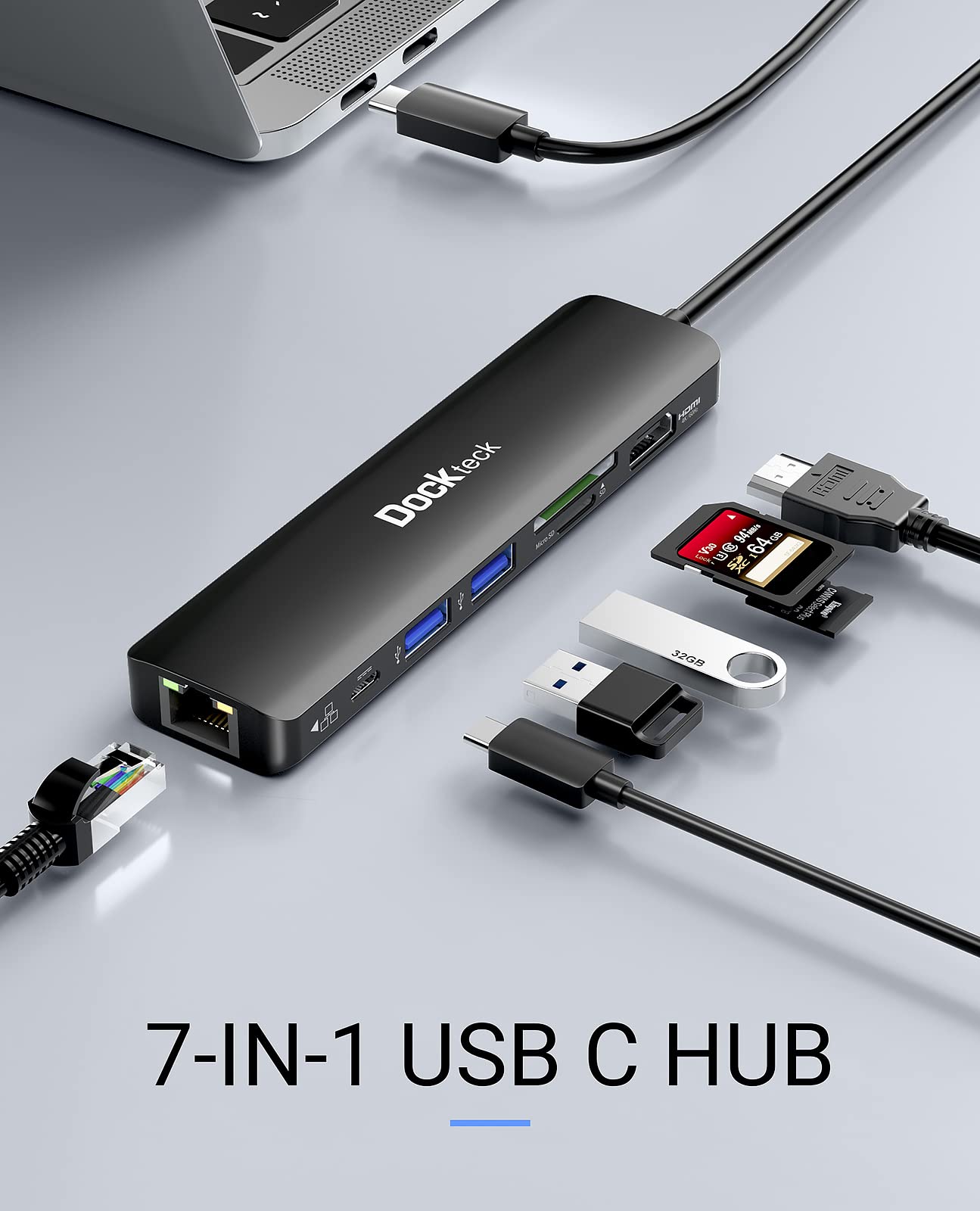 USB C Hub 4K 60Hz, Dockteck 7-in-1 USB C PD Ethernet Hub Dongle with 4K 60Hz HDMI, 1Gbps Ethernet, 100W PD, 2 USB 3.0, SD/Micro SD for MacBook Air/Pro M1 2020, iPad Pro 2021, iPad Mini 6 and More