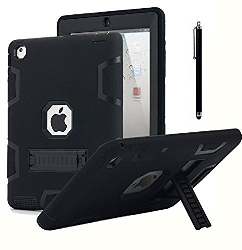AICase Heavy Duty Rubber Hybrid iPad Case, Shockproof Protective Cover for iPad 2/3/4, Includes Stylus & Screen Protector (Black)