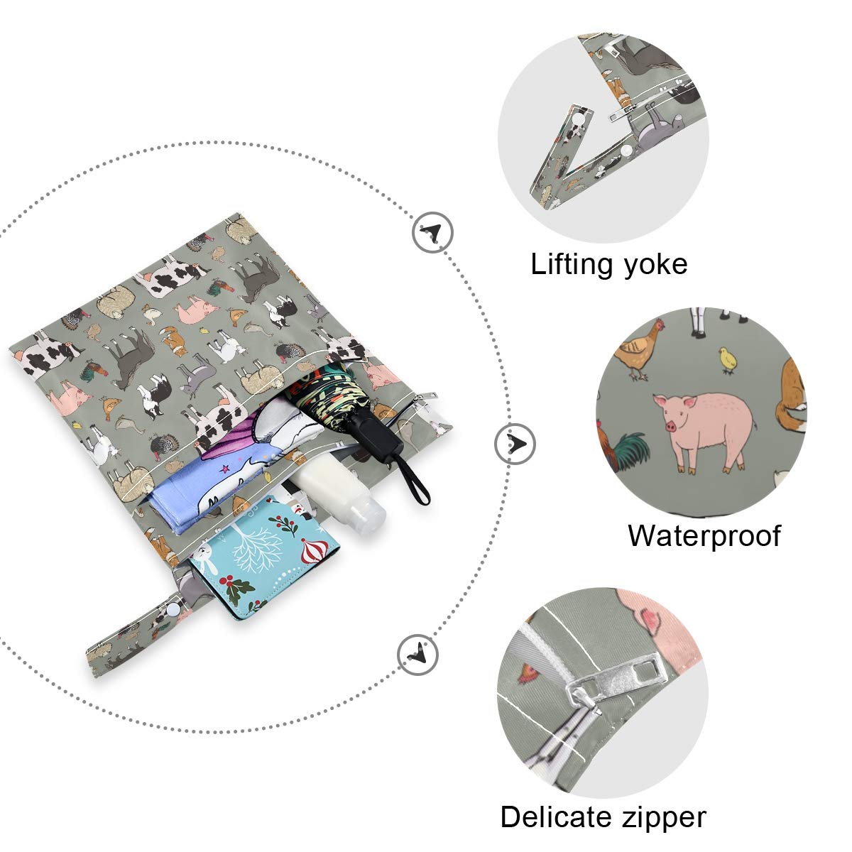 Blueangle Farm Animals Pattern Wet Dry Bag Cloth Diaper Bags - Waterproof Washable Reusable Diaper Organizer，2 Pack