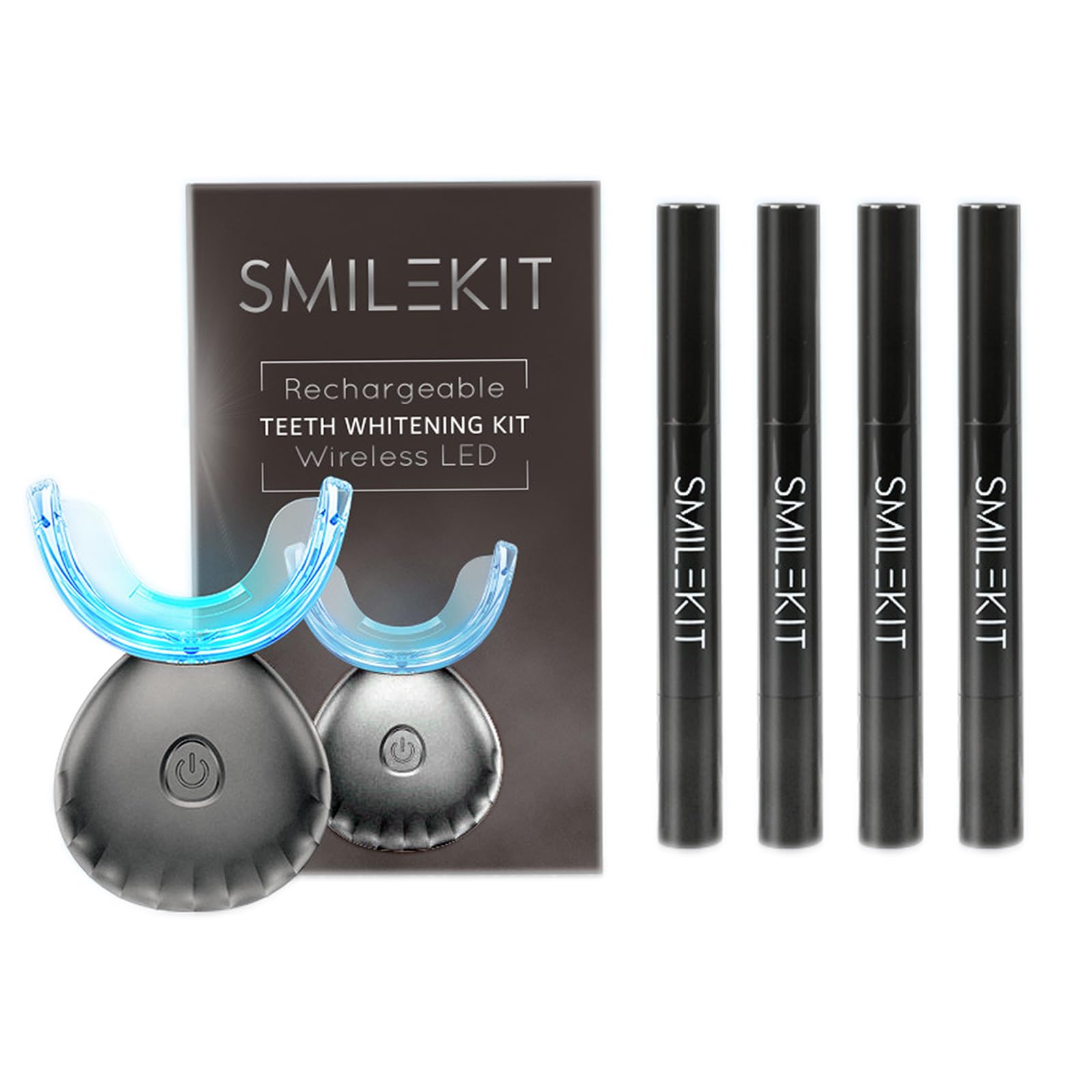 Teeth whitening kit, (4) 35% Hydrogen Carbamide Peroxide, (1) 16X LED Blue Light Accelerator Tray Teeth Whitener for Sensitive Teeth, Gums, Braces Care (Black)