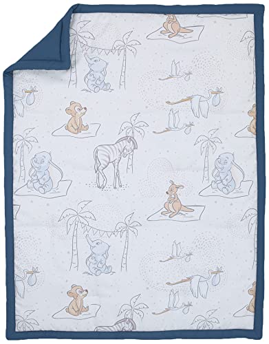 Disney Dumbo Mommy's Little Peanut Ivory, Gray, Blue Kangaroo, Bear, Zebra, Stork with Palm Trees 6Piece Nursery Crib Bedding Set, Ivory, Blue, Grey, Tan