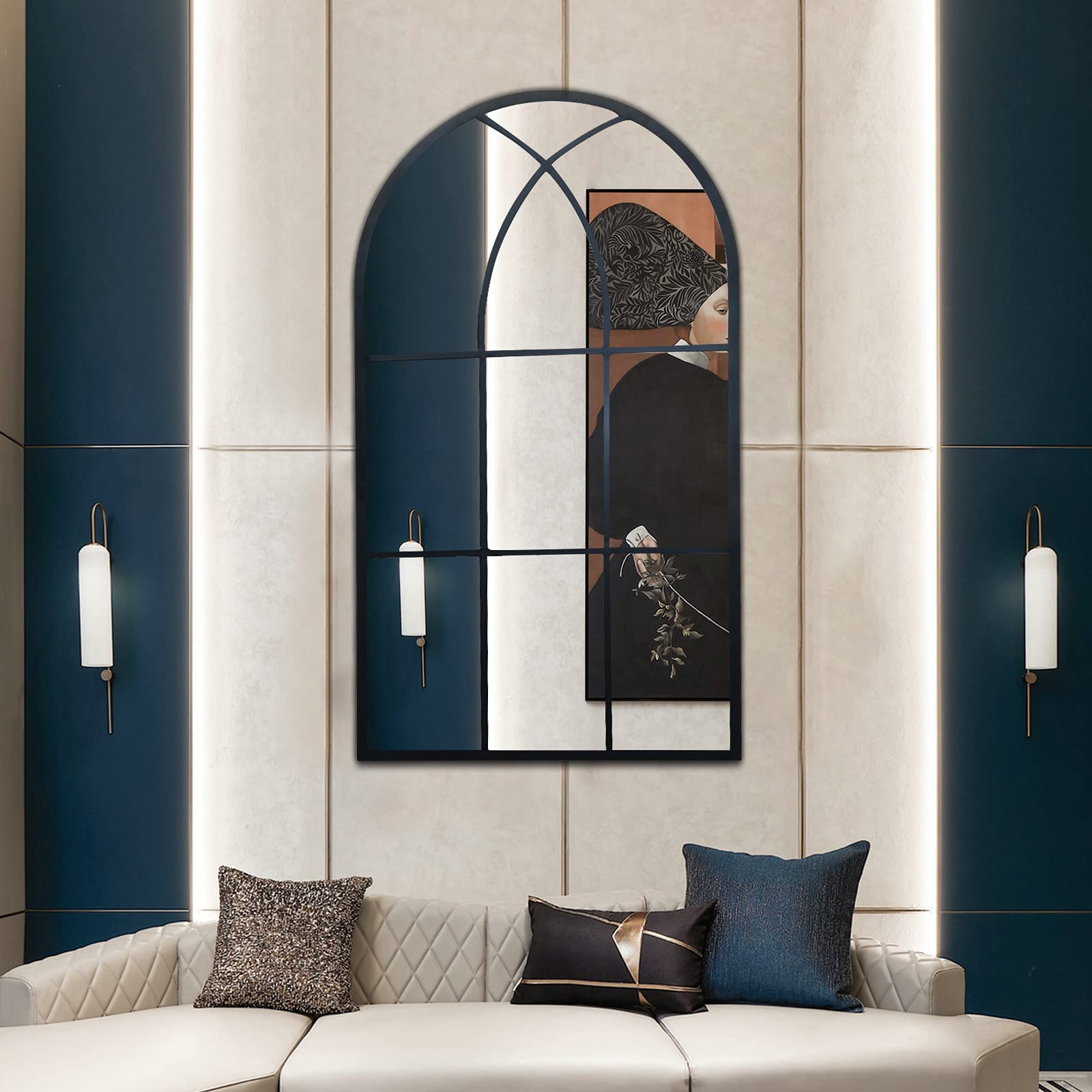 ironsmithn Arched Mirror, 41.3"x24" Windowpane Mirror, Window Finished Metal Mirror, Black Grid Mirror for Decor Living Room Fireplace Entryway Bedroom Hallway