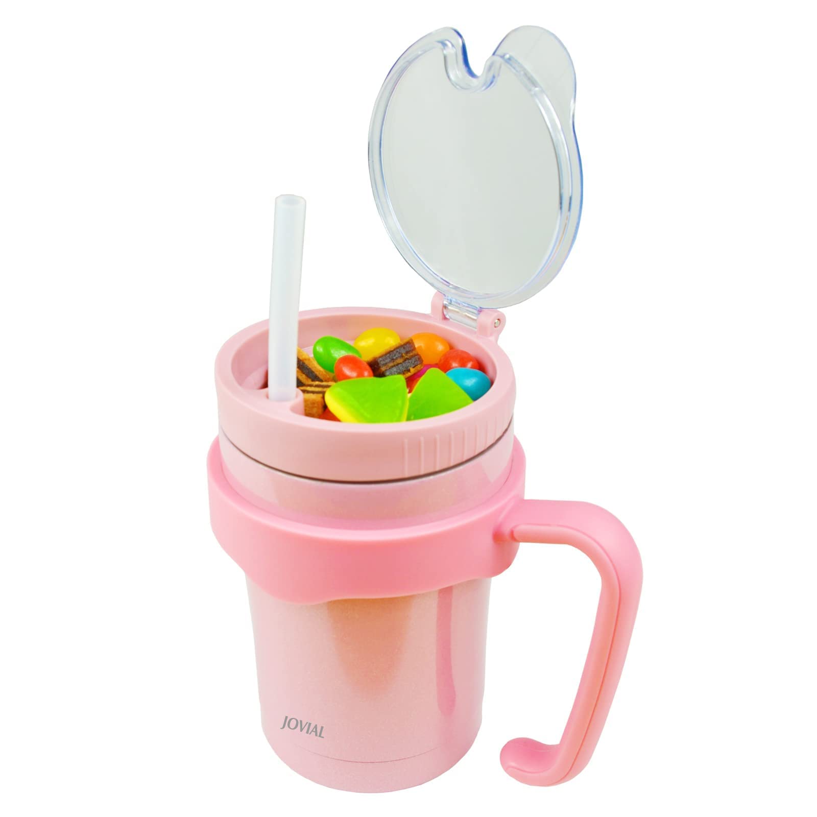 JOVIAL All In One Insulated Snack and Drink Cup 12 Oz-Glitter Pink