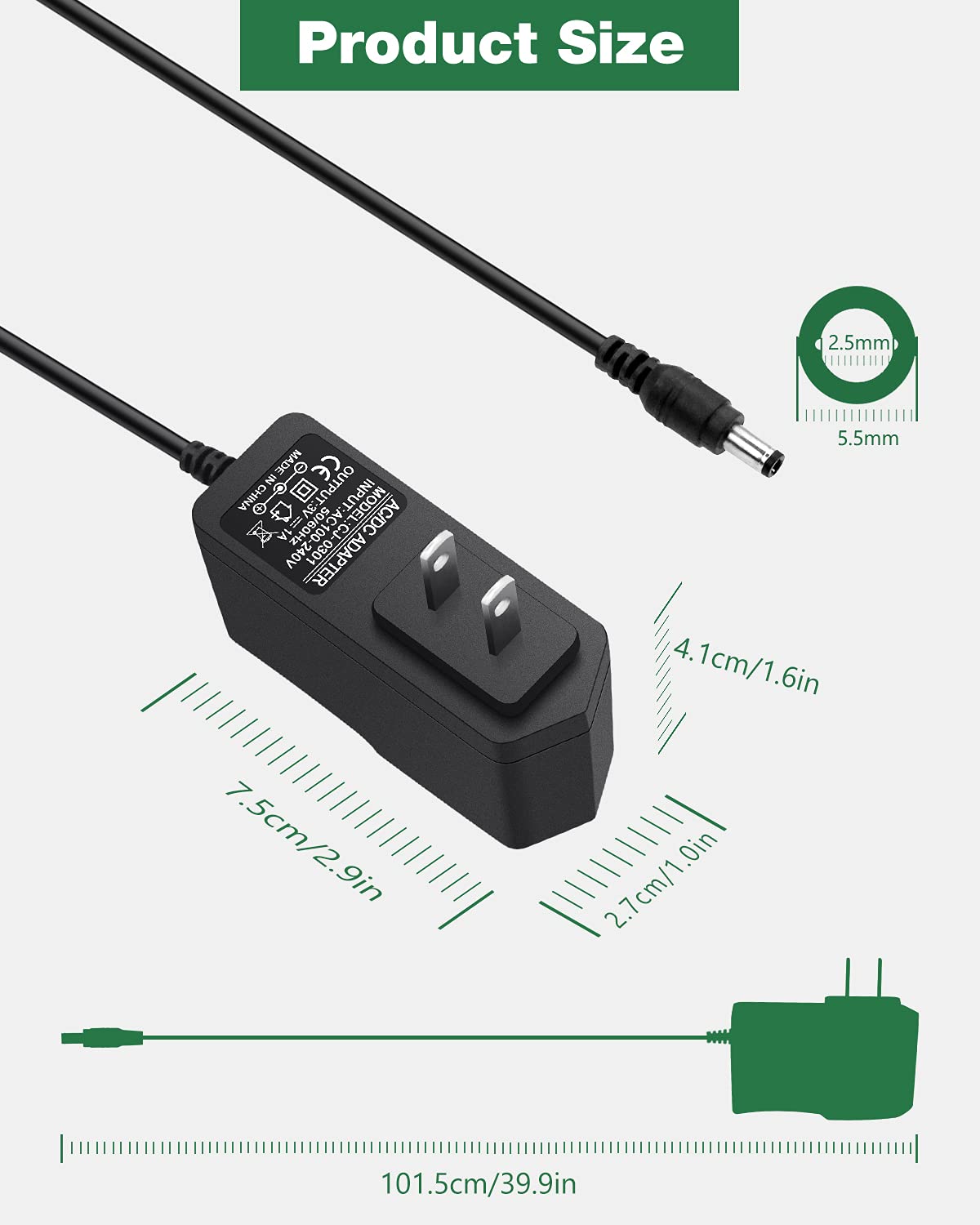 JOVNO 3V 1A Power Supply 3W Power Adapter Cord 100-240V AC to DC 3 Volt 1amp 0.8A 0.5A 450mA Converter Transformer 5.5x2.5mm Tip for LED Lights Tabletop Fountain, Replacement 2AA's in Small Devices