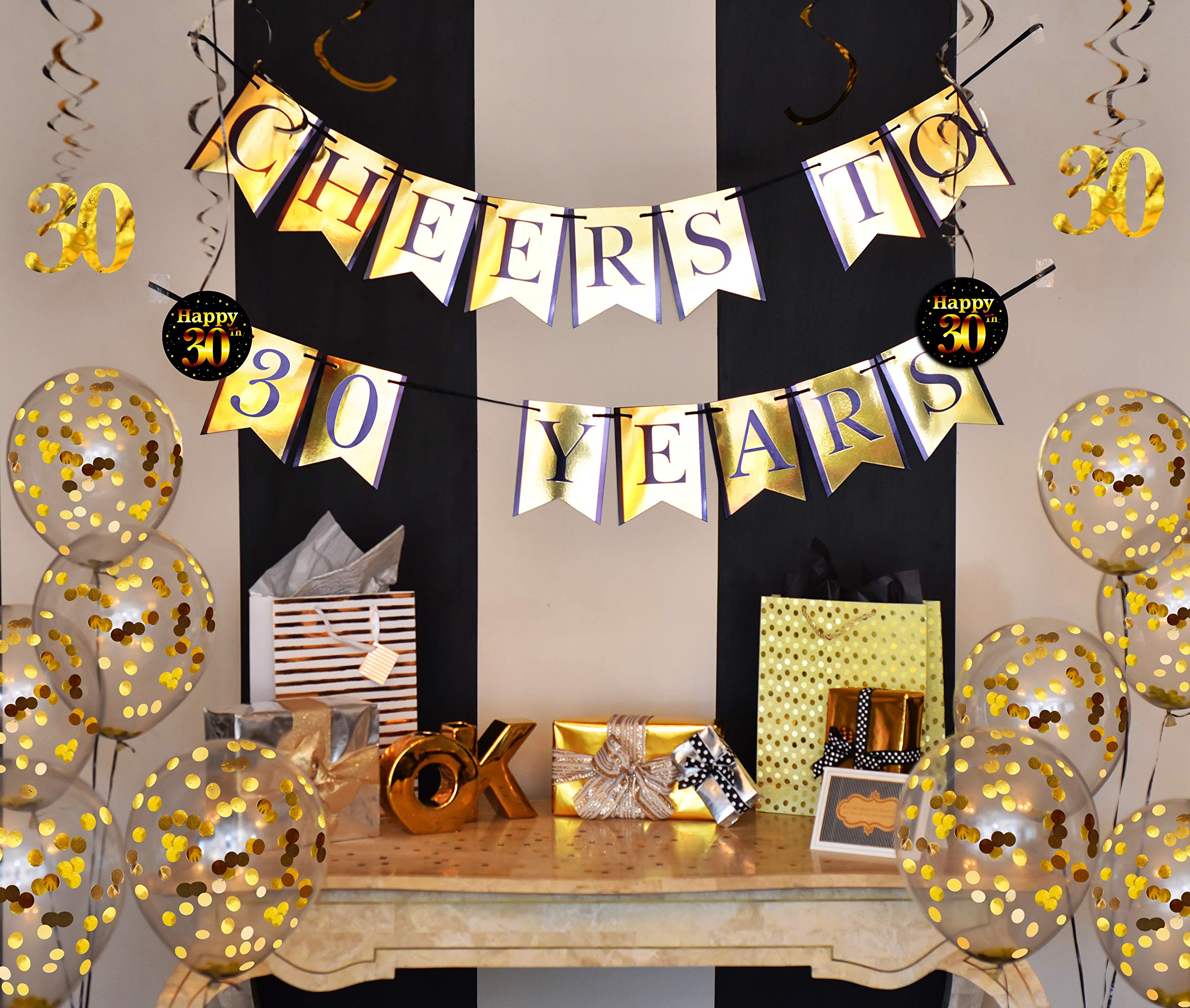 30th Birthday and Anniversary Decorations Party Pack - Cheers to 30 Years Banner, Balloons, Swirls and Confetti Party Supplies