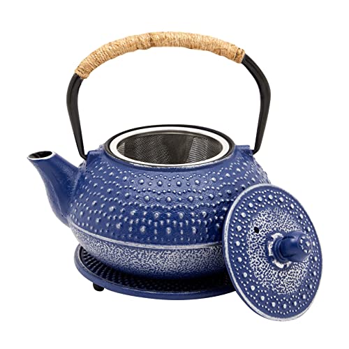 3 Piece Set Blue Japanese Cast Iron Teapot, Loose Leaf Tetsubin with Handle, Stainless Steel Infuser, and Trivet (27 oz, 800 ml)