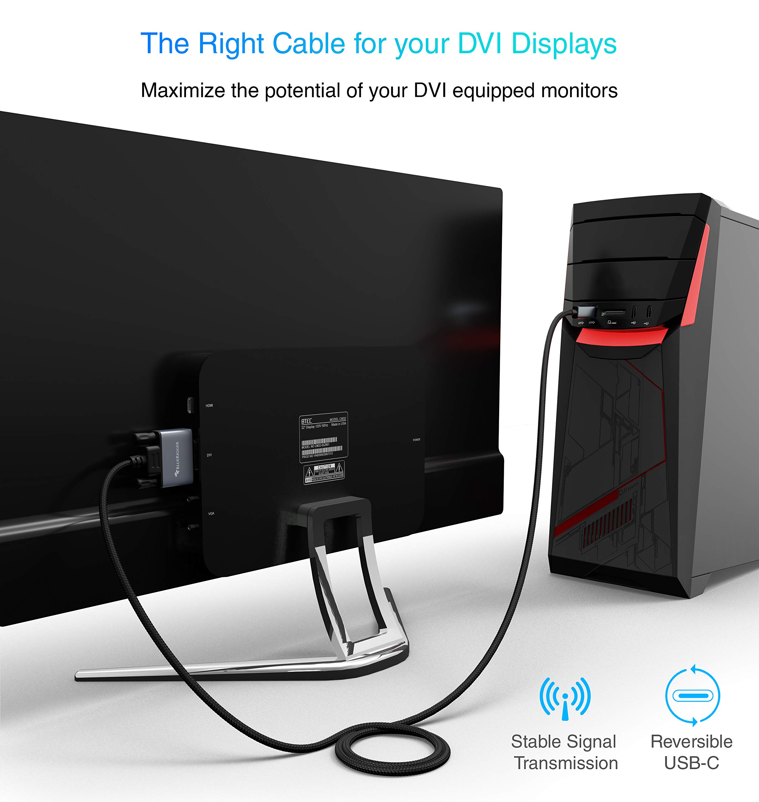 BlueRigger USB C to DVI Cable (6FT, 4K 30Hz, USB 3.1 Type C to DVI, Thunderbolt 3 to DVI) USB-C to DVI-D Cable Compatible with Samsung Galaxy, Surface Book, MacBook Pro, Dell, Pixelbook and More