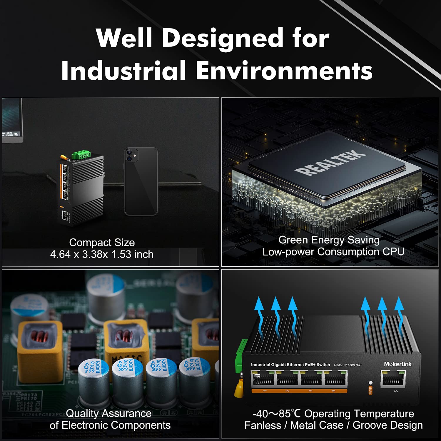 MokerLink 5 Port PoE Gigabit Industrial DIN-Rail Ethernet Switch, 14Gbps Switching Capacity, IP40 Rated Network Switch (-40 to 185°F), with UL Power Supply