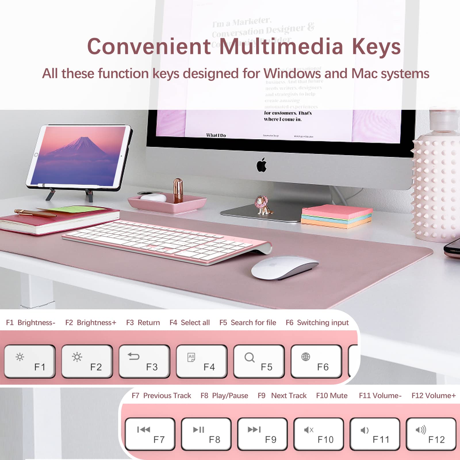 JOYACCESS Bluetooth Keyboard, Pink Wireless Keyboard with Number Pad, Dual Mode Slim Keyboard Connects Up to 3 Devices for iMac/Mac,MacBook, iPad,Laptop,Android,Windows