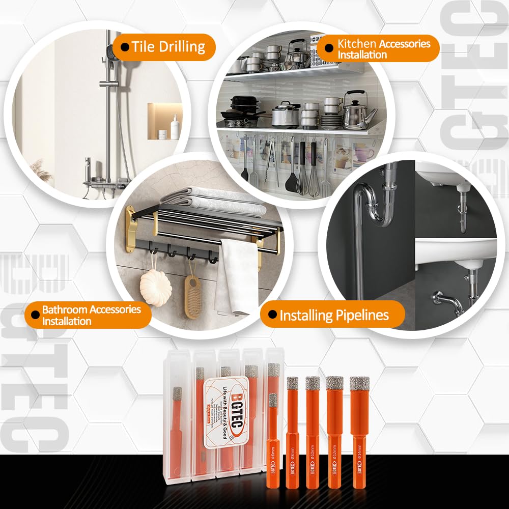 BGTEC Dry Diamond Core Drill Bits 2pcs 1/4" Tile Drill Bits with Hex Shank for Granite Marble Porcelain Tile Ceramic Masonry
