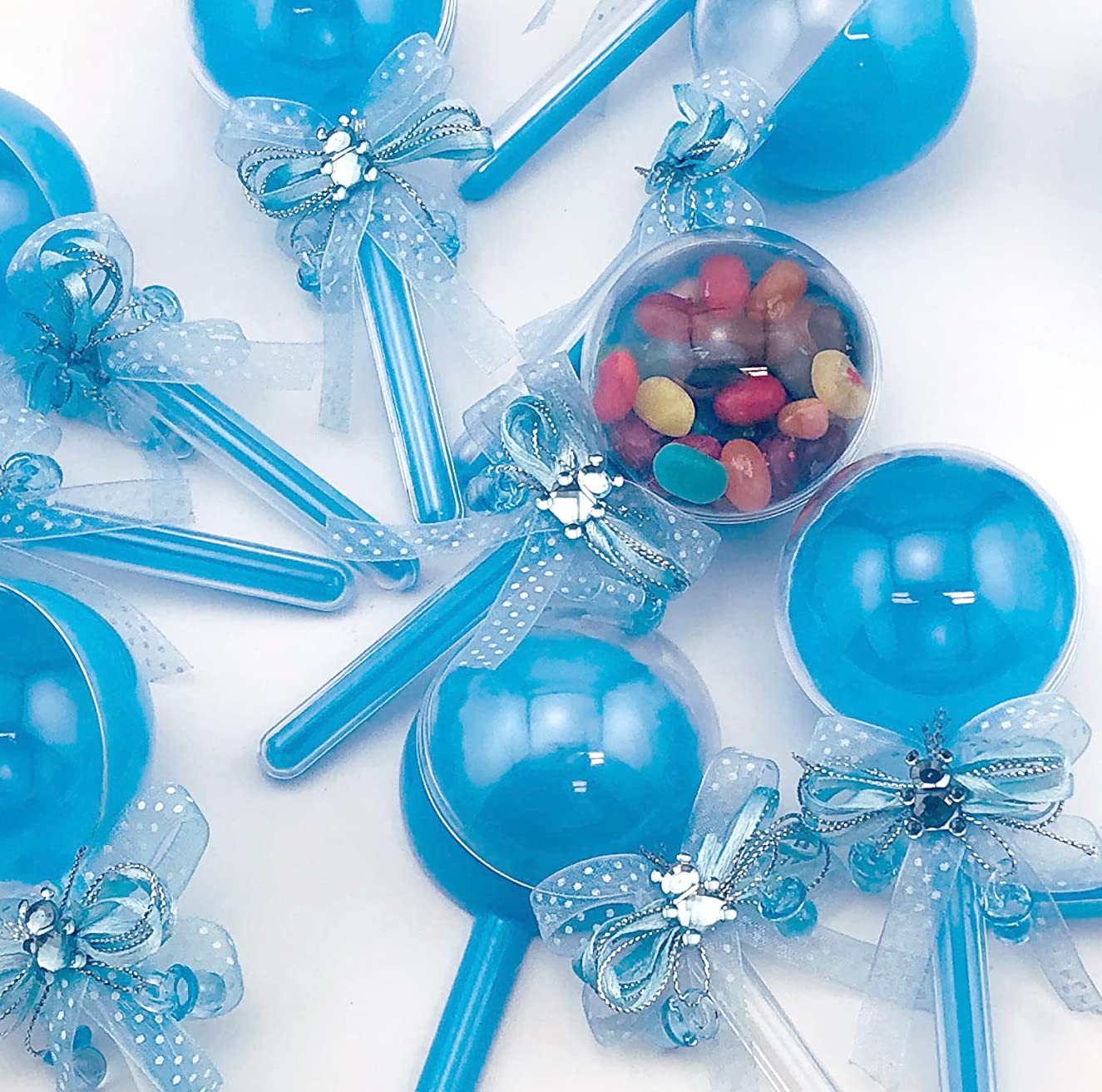 48 Pieces Fillable Baby Rattle Party Favors, Blue with Decorative Bear & Ribbon