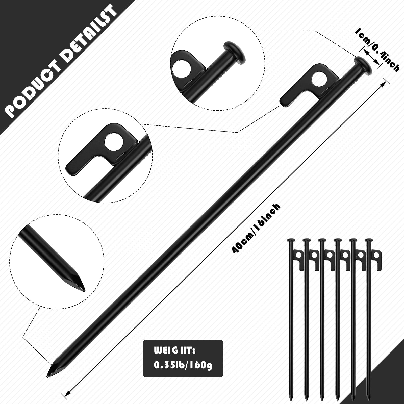 16 Inch Tent Stakes,4 Pieces Strength Steel Heavy Duty Camping Stakes Unbreakable and Inflexible Stakes Spikes for Camping Backyard Rocky Ground