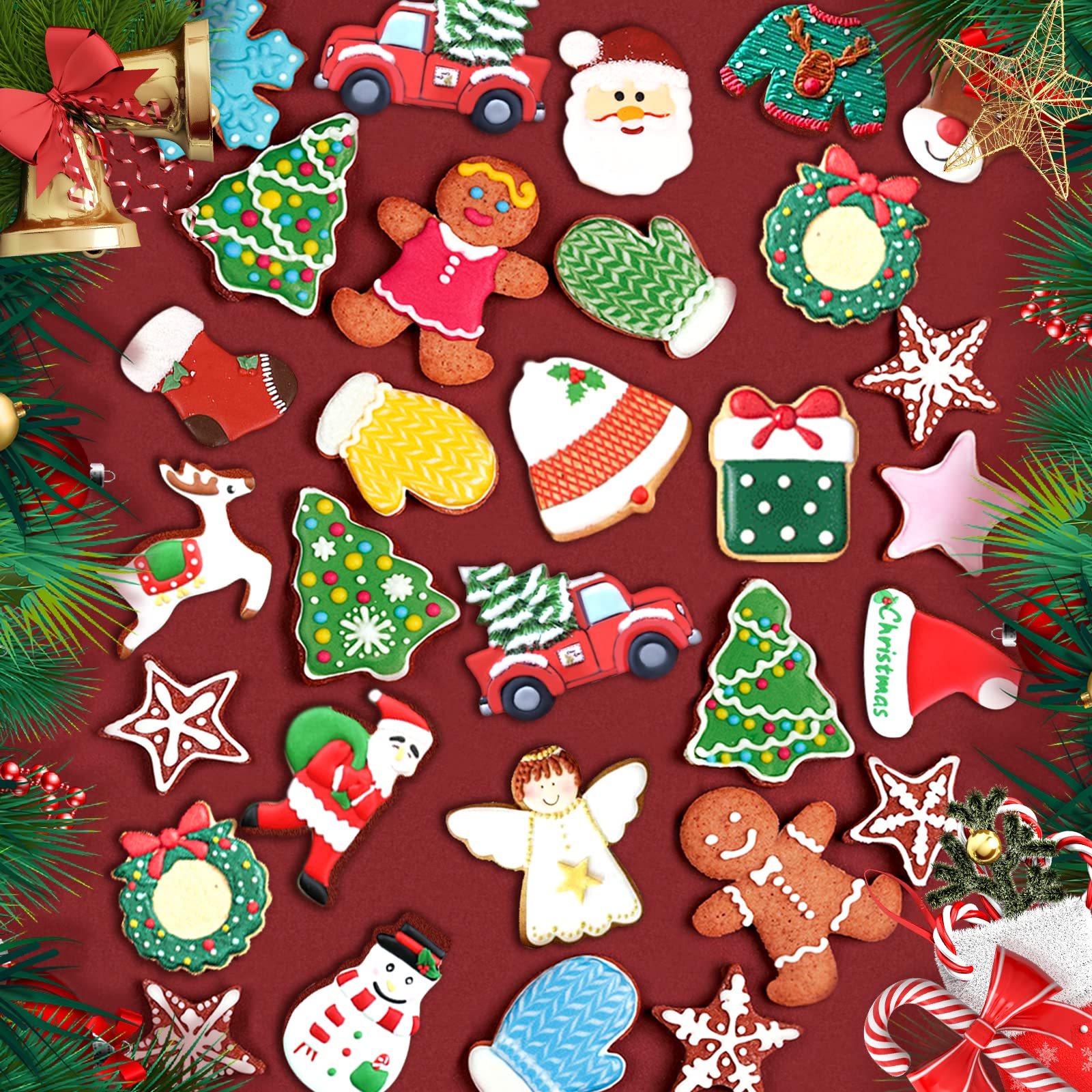 20 Pcs Christmas Cookie Cutters, Hibery Holiday Cookie Cutters Christmas, Reindeer, Snowflake, Christmas Tree, Gingerbread Man, Santa, Bell & More Cookie Cutters Christmas Shapes