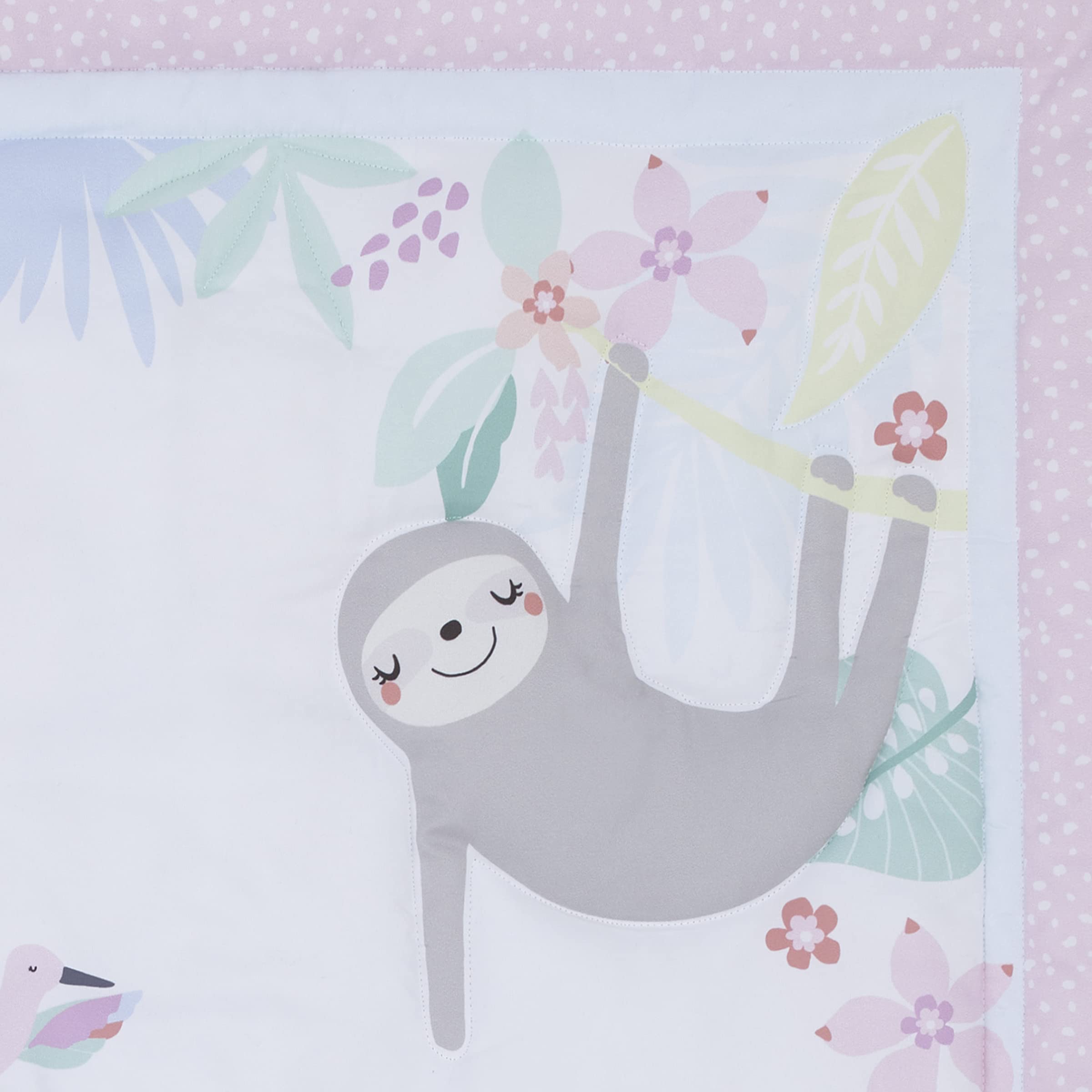 Little Love by NoJo Tropical Garden Pink, Green, and White Jungle Animal 3 Piece Mini Crib Bedding Set - Comforter, Two Fitted Sheets