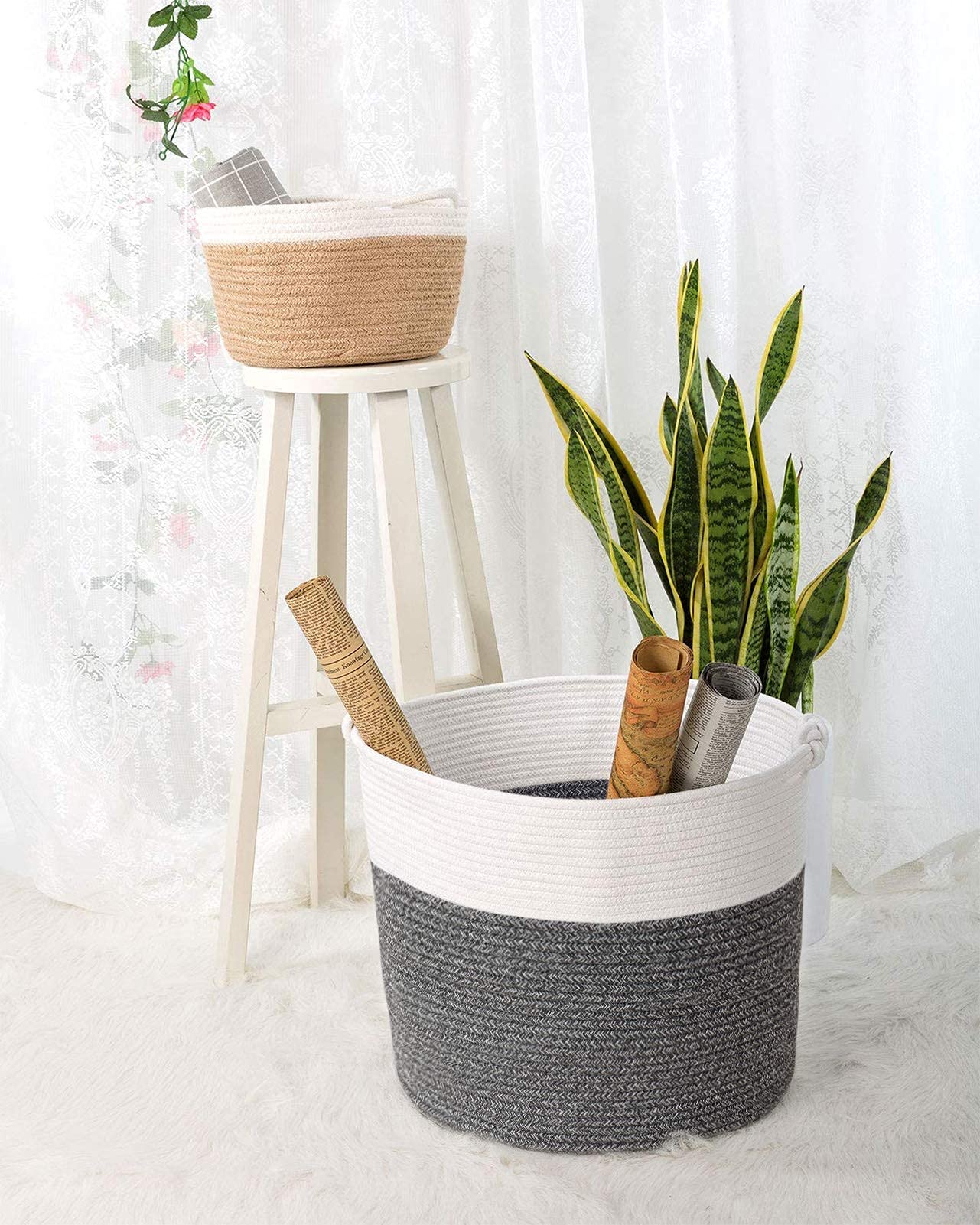 INDRESSME Grey XXXL Large Storage Basket Baby Nursery Basket and Large Woven Blanket Basket with Handles (Set of 2)