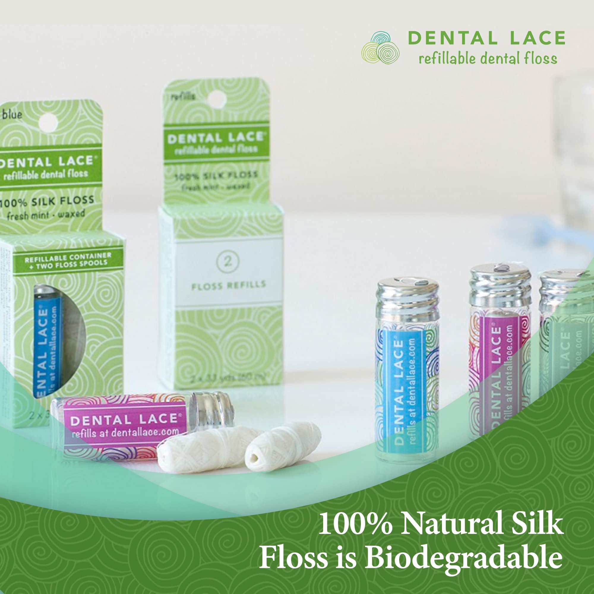 Dental Lace Vegan Dental Floss Refills, Plant Based Floss, 2 Floss Refills with Recyclable Packaging, 66 Yards