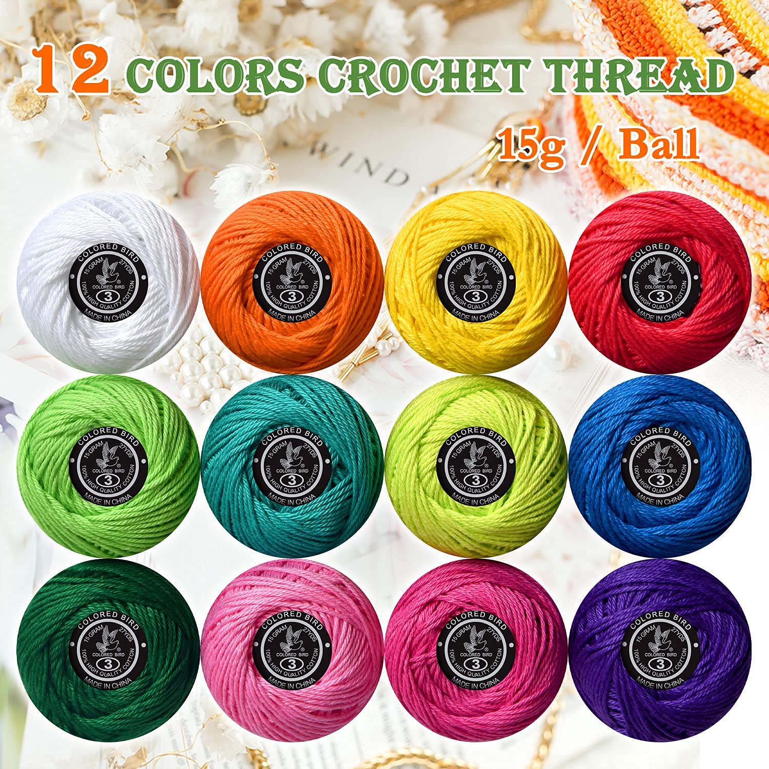 12 Colors Cotton Size 3 Crochet Thread Craft Yarn for Knitting and Crochet Perfect Beginner Kit