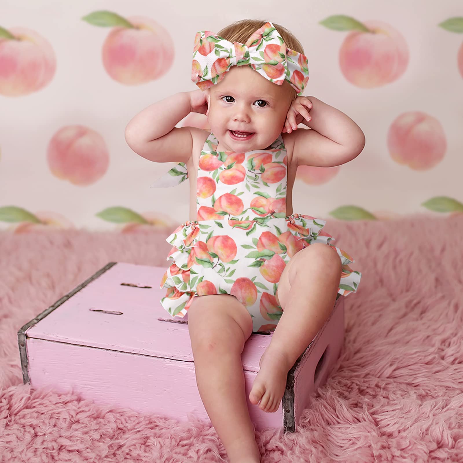 Eunikroko Peach First Birthday Outfit with Headband Baby Girls Sleeveless Ruffle Romper Backless Jumpsuit Summer Outfits Clothes 12-18 Months