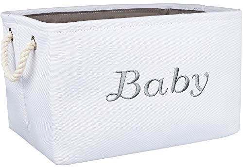 APPLE PIE ORDER Baby Basket Girl or Boy. Nursery Organizer and Storage. White Storage Bin with Gray Embroidery. Decorative Storage Box for Baby Things, Toys, Baby Hamper. Cute Basket for Baby gift.