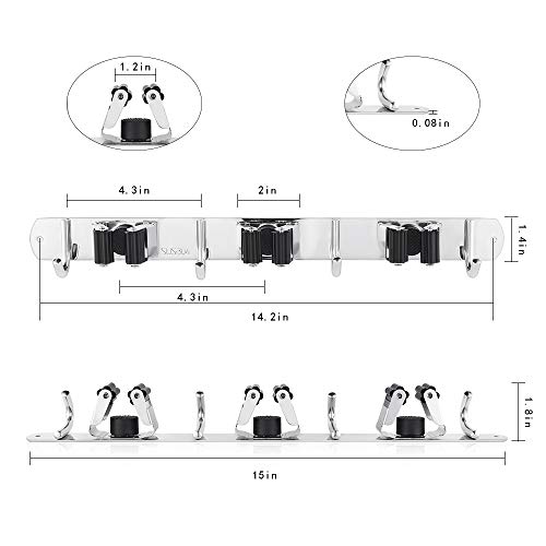Broom Mop Holder Wall Mount Stainless Steel Rack Tools Organizer Hanger with 3 Slots 4 Hooks for Kitchen Garage Garden Bathroom Shelving System