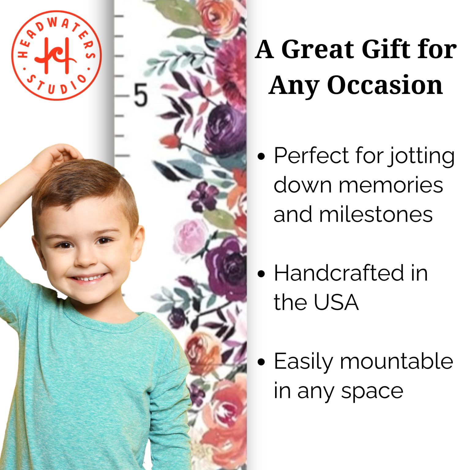 Headwaters Studio Growth Chart for Wall - Height Chart for Kids, Wall Hanging Growth Chart, Baby Nursery Height Measurement, Kids Growth Chart Wall, Growth Chart - Floral -Multicolor-63" x6.7"