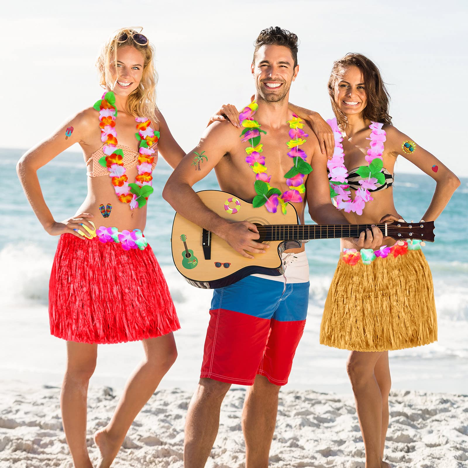 Elcoho 36 Pack Hawaiian Party Decorations Set Including 12 Pack Hawaiian Grass Skirt 12 Pack Luau Leis Necklaces and 12 Pack Hawaiian Temporary Tattoos for Luau Party Supplies