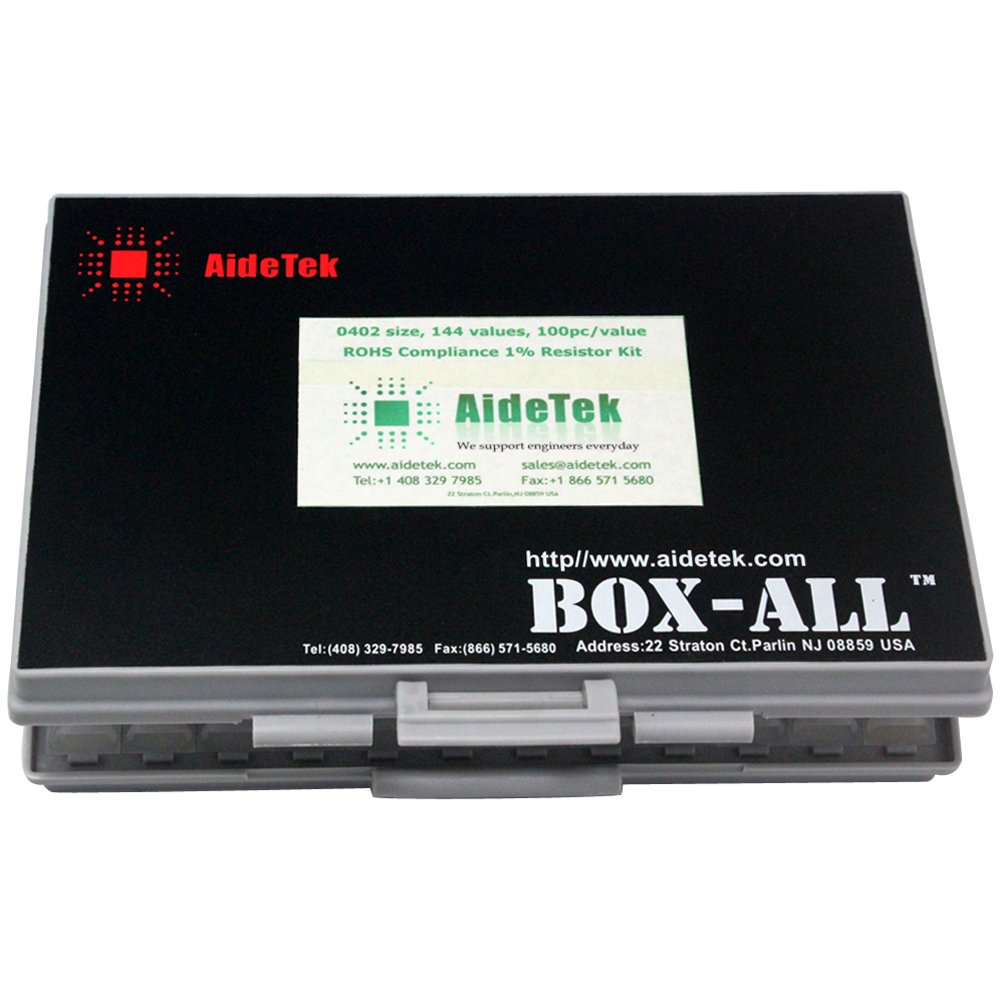AideTek 0402 Size Surface Mount Resistor 144 Values, 100pc/value 1% Sample Resistor Kit Distributed in Box-All Enclosure E96 Serial 0ohm to 1mohm Designer Kit