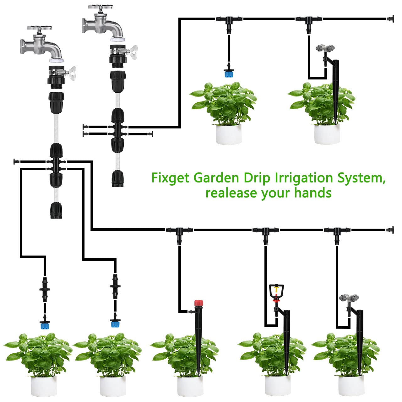 Drip Irrigation Kits, Fixget 43/141ft Garden Irrigation System with Adjustable Automatic Irrigation Set, DIY Plant Watering System for Saving Water Mist Cooling of Garden Greenhouse Patio Lawn