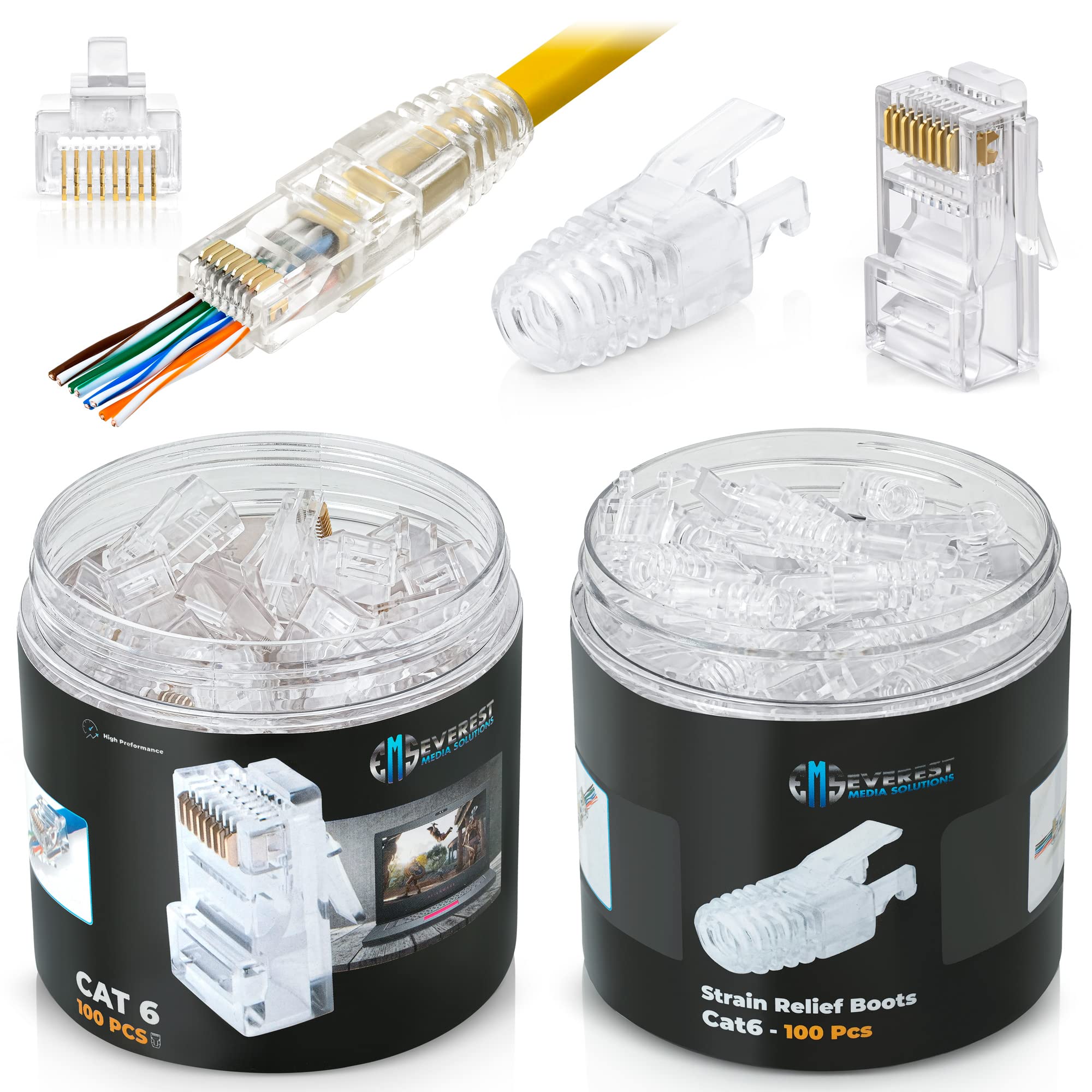 Everest Media Solutions RJ45 Cat6 Pass Through Connectors and Strain Relief Boots - Pack of 100/100 - EZ to Crimp Modular Plug for Solid or Stranded UTP Network Cable - Male Ethernet Connector End