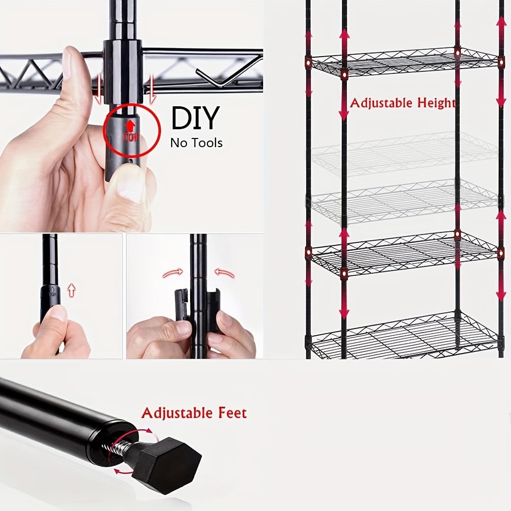 1pc Black 5-tier Storage Rack, Heavy Duty Storage Shelving Unit (150 Lbs Loading Capacity Per Shelf), Steel Organizer Wire Shelf, Can Be Used In Bathroom, Dining Room, Living Room, Bedroom, Garage