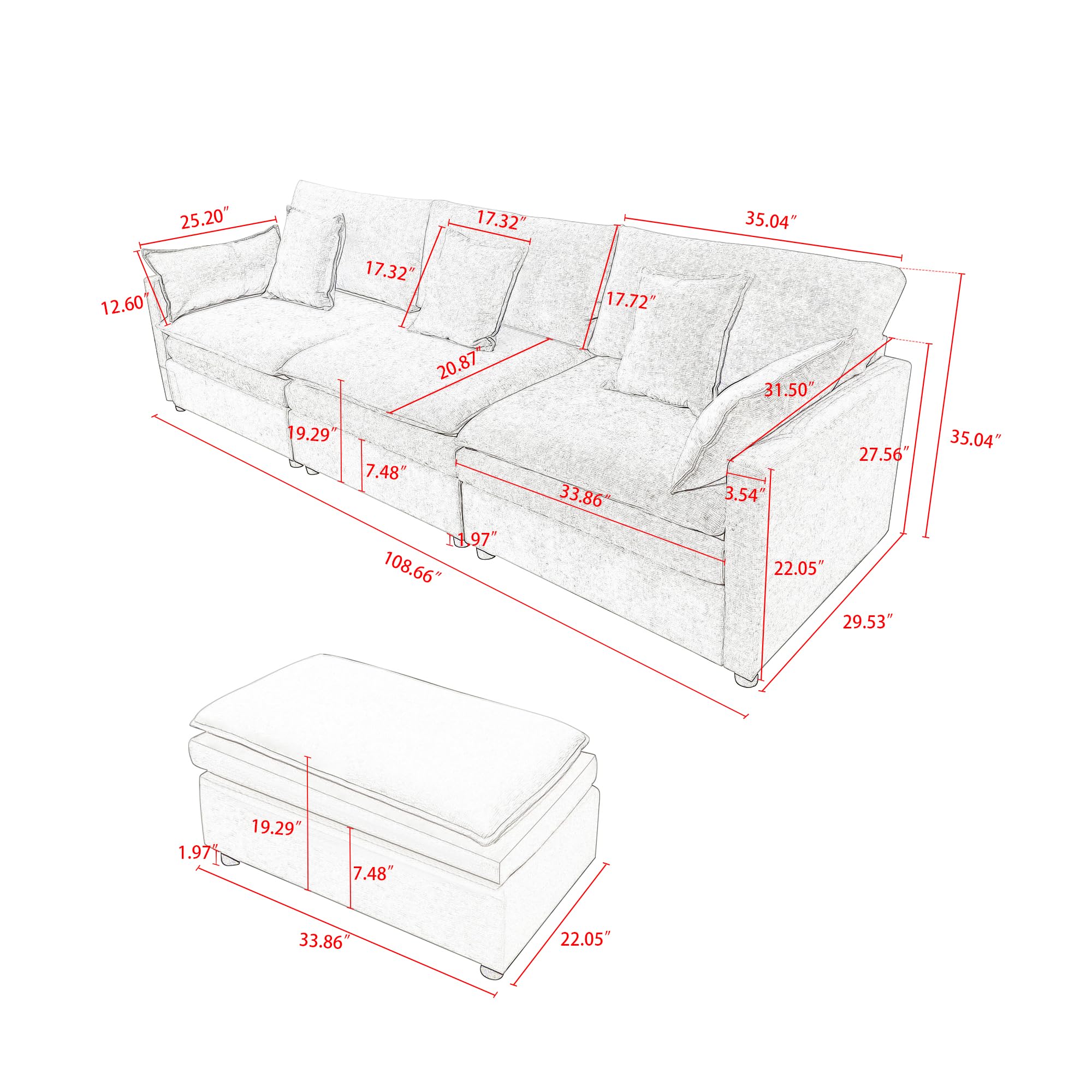 108.66"*53.55" Modern L Shape Sectional Sofa, Luxury Modular Fluffy Comfy Cloud Soft Couch with Chenille Fabrics, Overstuffed Corner Deep Couch with Ottoman for Living Room,Apartment, Office (Pink)