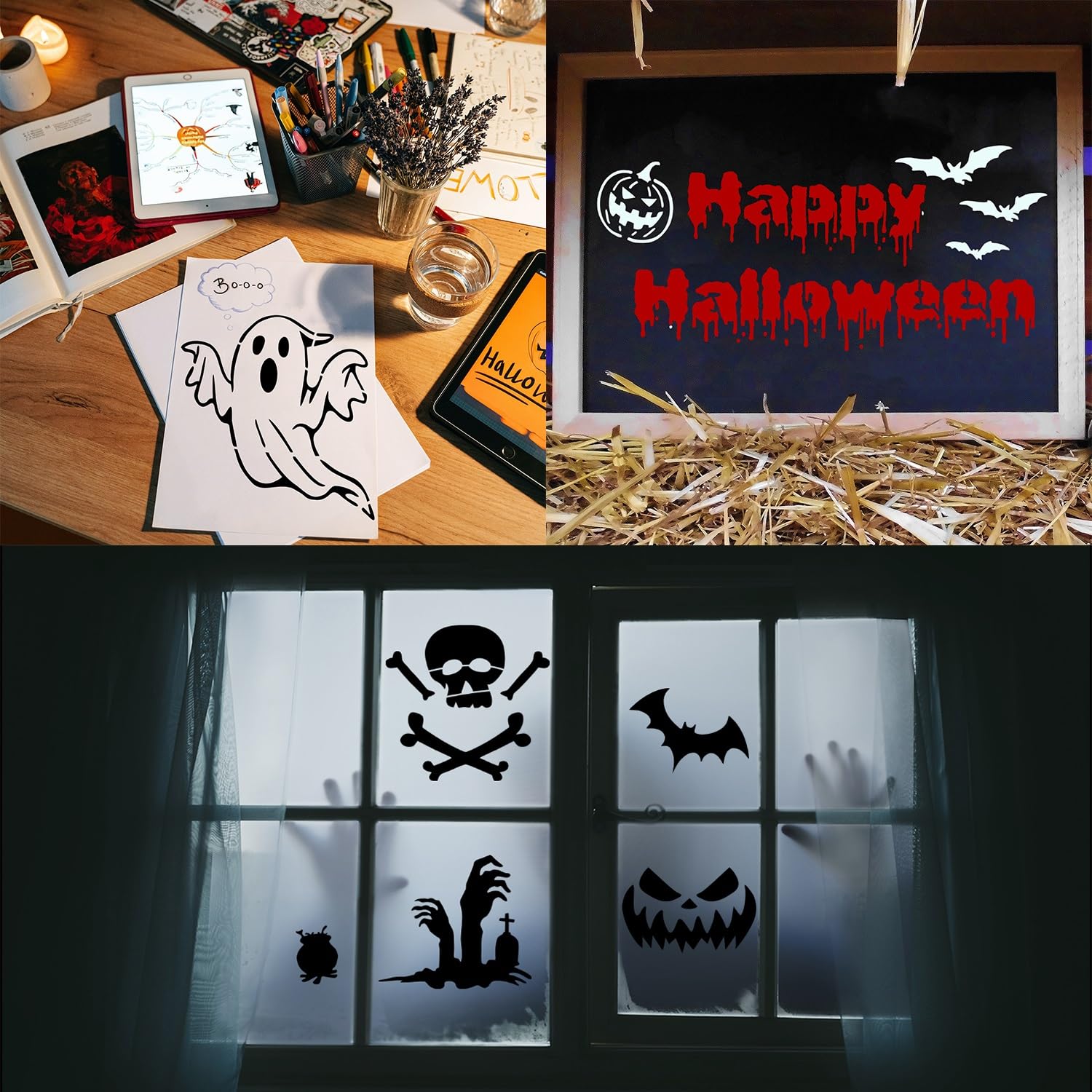 18 Pieces Halloween Stencils, Reusable Happy Halloween Ghost Bat Witch Pumpkin Stencils for Painting on Wood DIY Crafts Halloween Decorations (Style 1)