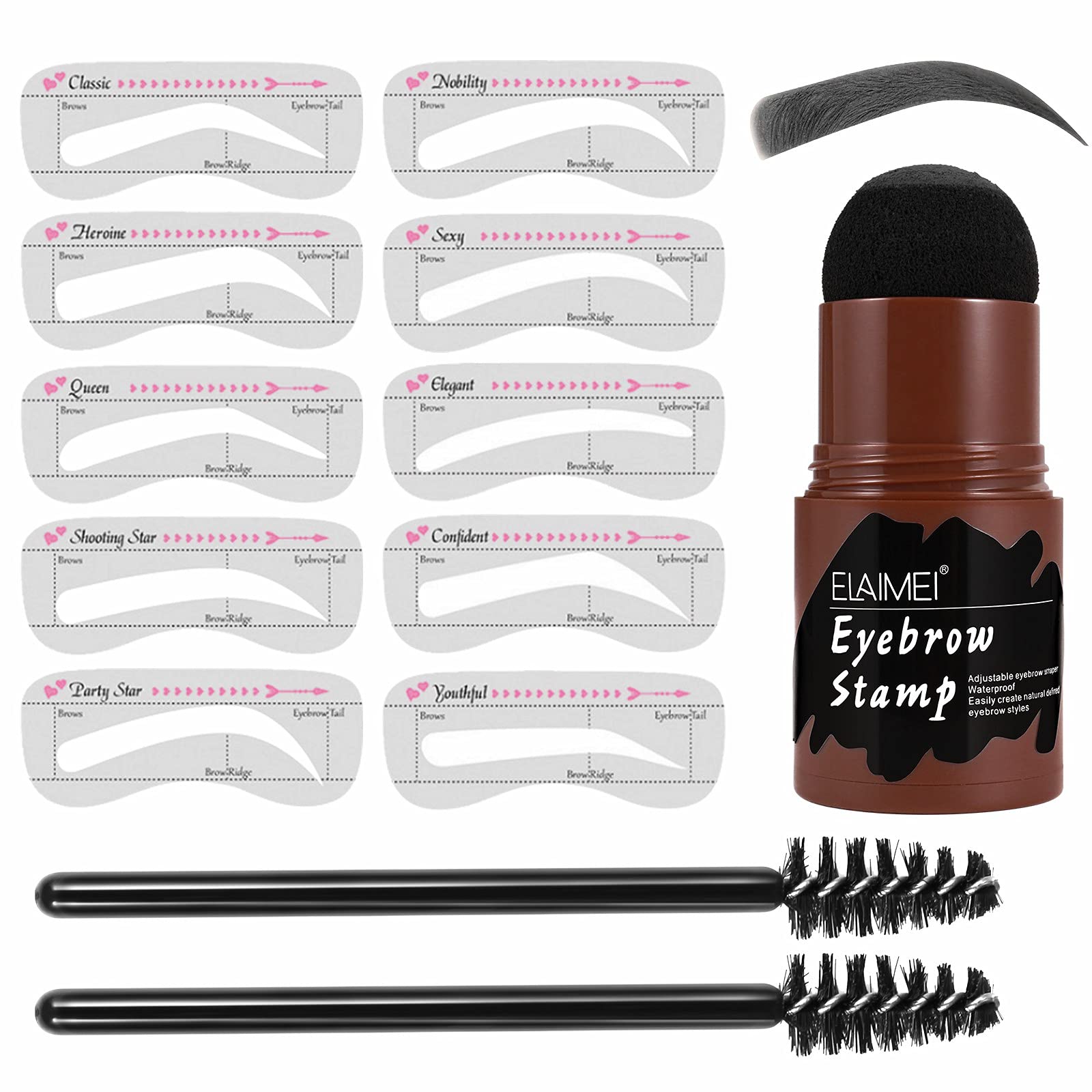 Eyebrow Stamp, 1-Step Eyebrow Powder Stamp and Shaping Kit with 10 Reusable Brow Stencils & 2 Eyebrow Brushes for Professional and Beginner (Black)