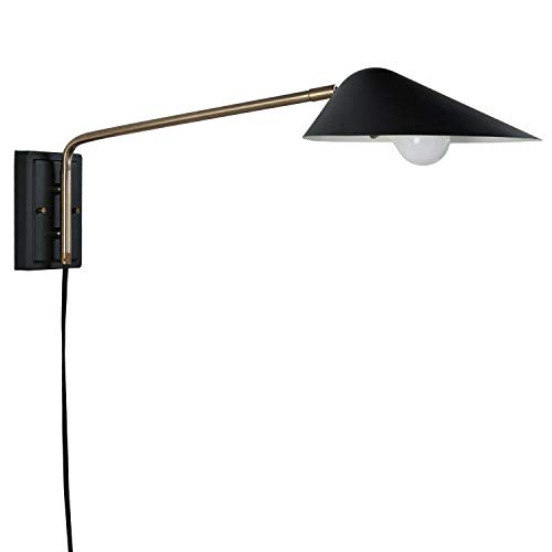 Amazon Brand β Rivet Mid-Century Swiveling Long Arms, Pivoting Head, Plug-In, Hardwire or 2-in-1 Option Wall Sconce with Bulb, 11"H, Matte Black with Antique Brass - 51457