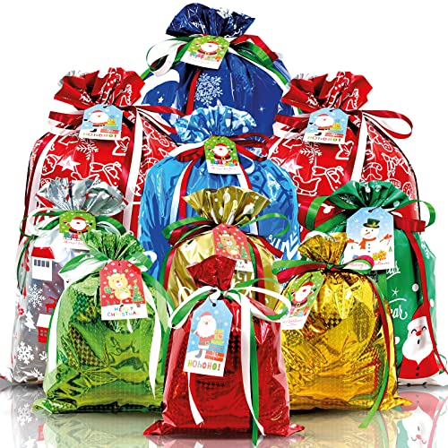 38Pcs Christmas Gift Bags, Gift Bags Assorted Sizes for Holiday Presents, Christmas Bags Small Medium Large Jumbo for Gift Wrapping, Xmas Gift Bags with Tags Ribbon Ties, Christmas Party Supplies