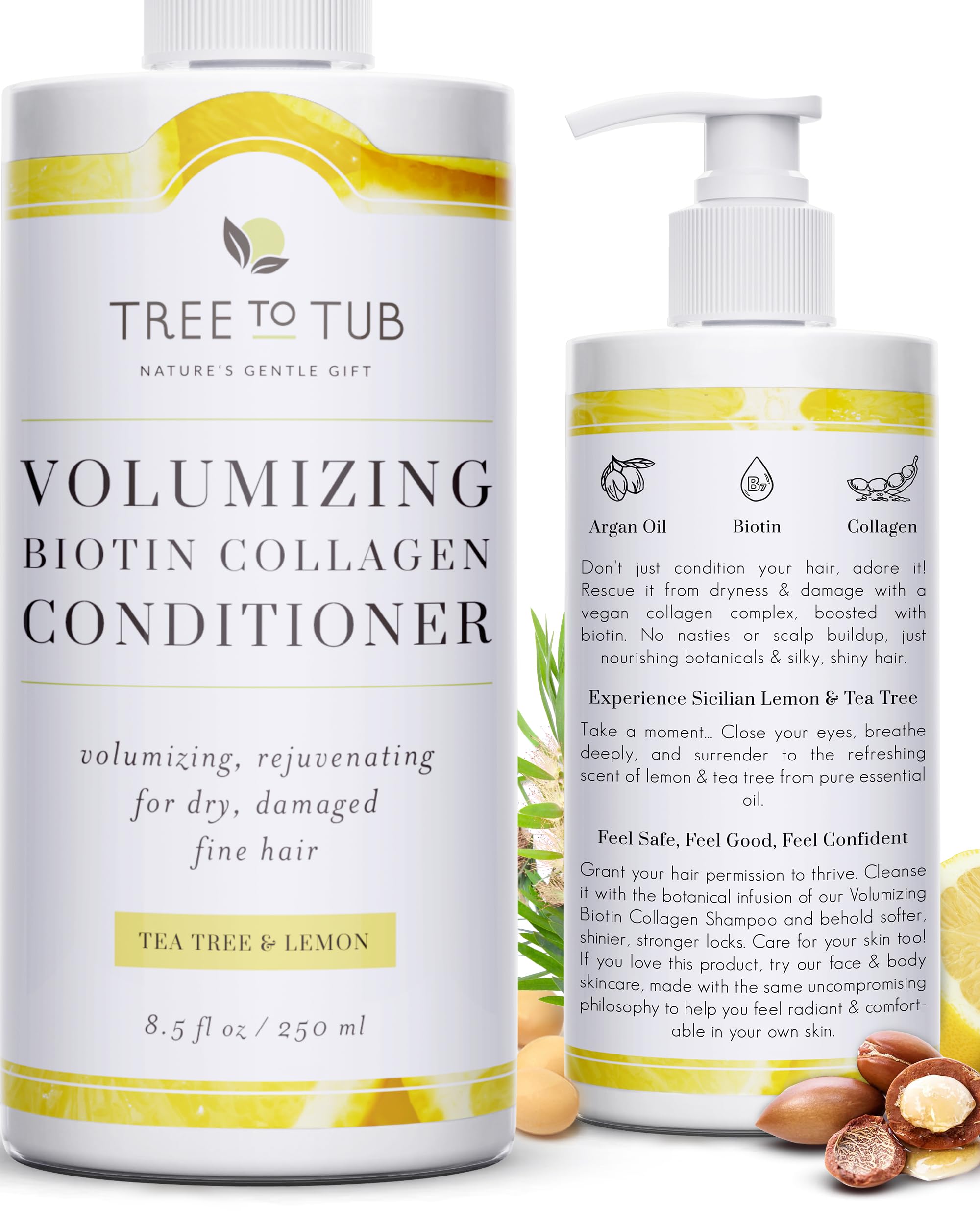 Tree to Tub Vegan Biotin and Collagen Conditioner for Dry, Damaged Hair - Volumizing Sulfate Free Fine Hair Thickening Conditioner for Women & Men w/Organic Argan Oil, All Natural Lemon, Tea Tree Oil