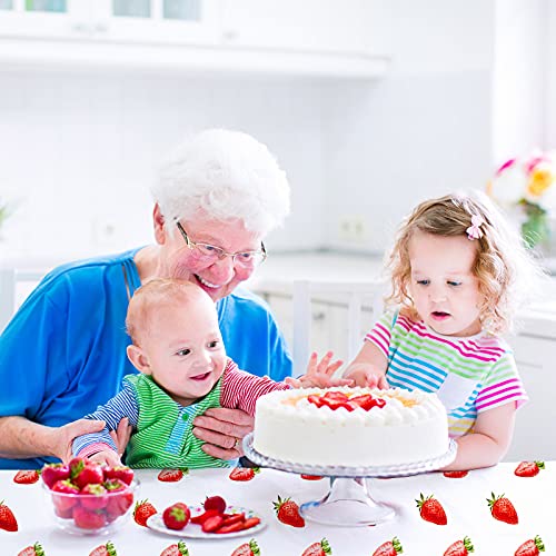 Tegeme Strawberry Tablecloth Birthday Party Decorations Strawberry Tablecovers Plastic Tablecloth for Party Berry First Birthday Baby Shower Decor, 51 x 87 Inch(2 Pieces)