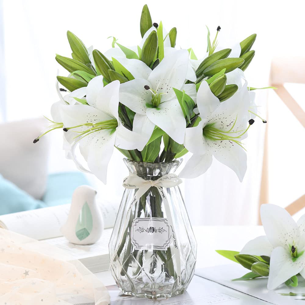 Aiinoo 5pcs Artificial Lily Faux Flowers Plastic Easter Tiger Lily Real Touch Bouquet for Wedding Party Home Garden Hotel Decor (White)