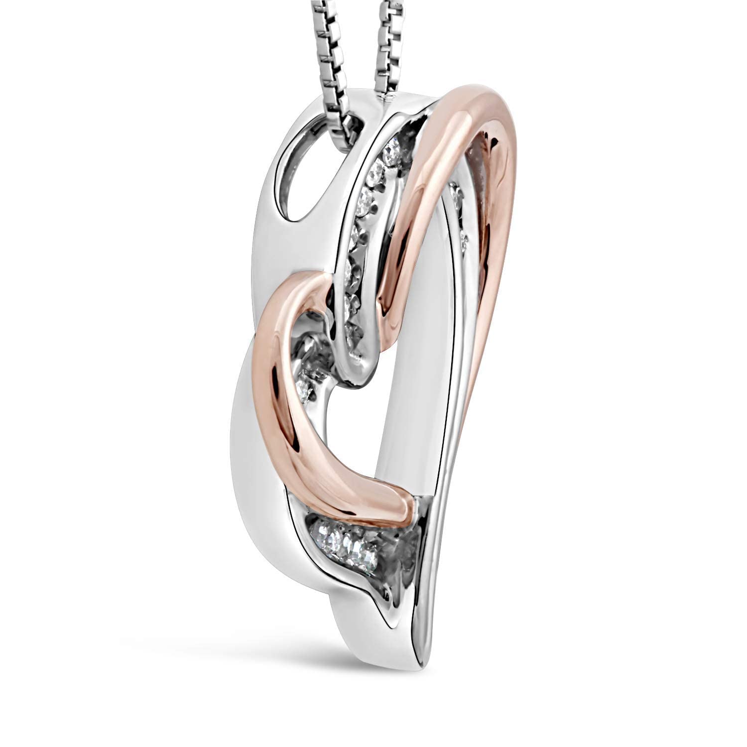 14kt Solid Rose Gold and Sterling Silver Diamond Double Heart Pendant Necklace 1/10 cttw Natural Diamonds - 18 Inch BoxChain