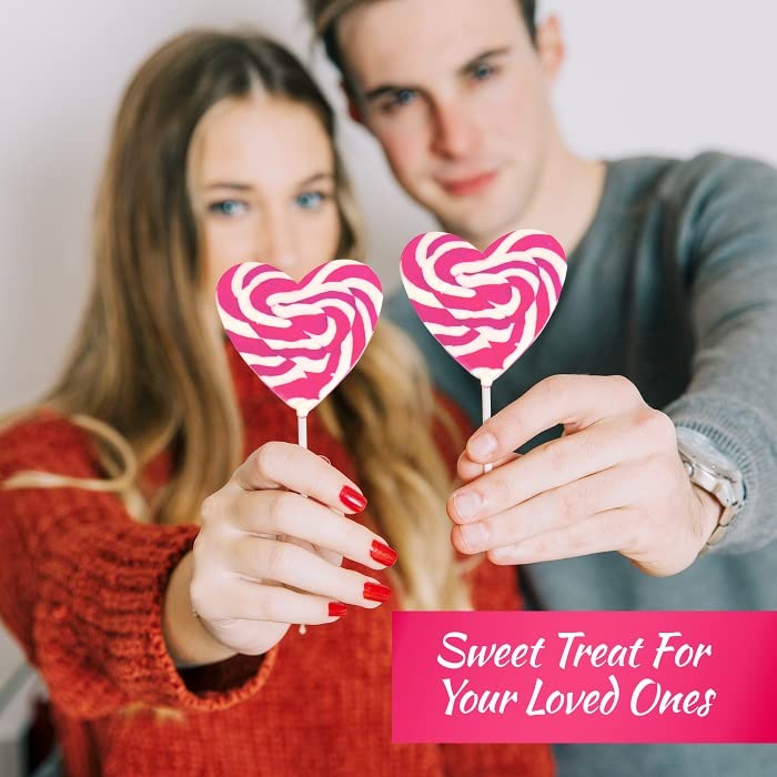 12 Heart Lollipops 3" -Valentine’s Candy - Delicious Lollipop Candy For Children and Adults - Bulk Candy (Pink)
