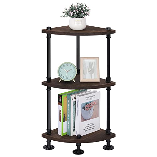 3 Tier Corner Shelf Stand Wood Corner Display Rack Small Industrial Corner Standing Storage Shelf Bookshelf Plant Stand for Small Space Bedroom Living Room Kitchen Brown