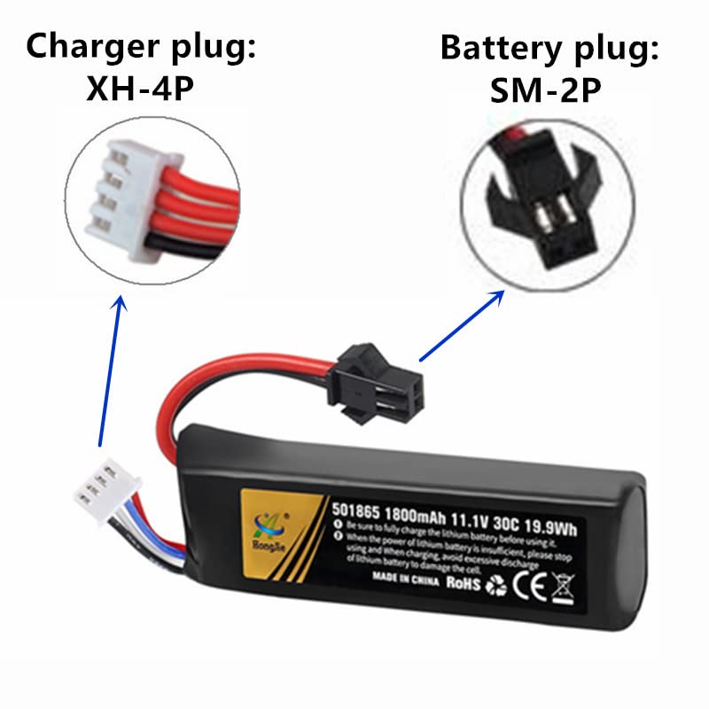 11.1V Lipo Battery Airsoft 1800mAh 30C Rechargeable LiPo Battery with 3S Charging Cable and SM2P to Mini Tamiya Switch Cable for Airsoft Guns Airsoft Rifle