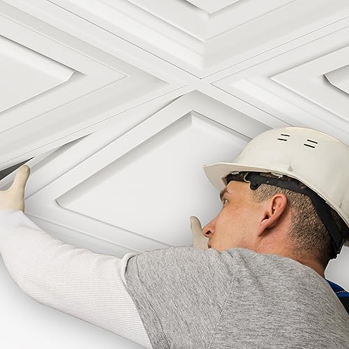 2ft x 2ft Icon Relief Ceiling Tiles - Easy Drop-in Installation β Waterproof, Washable and Fire-Rated - High-Grade PVC to Prevent Breakage Pack of 12, White (2 * 2, Style A)