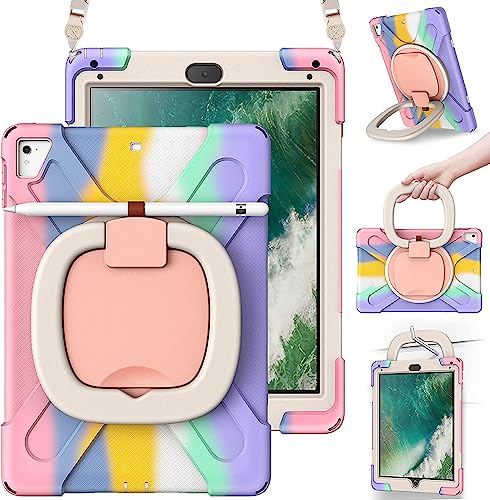 KENOBEE Case for iPad 9.7 6th/5th 2018/2017 / Air 2 / Pro 9.7, 360° Rotating Multi-Functional Handle-Kickstand Shockproof Cover Built-in Screen Protector & Shoulder Strap, Rainbow Pink