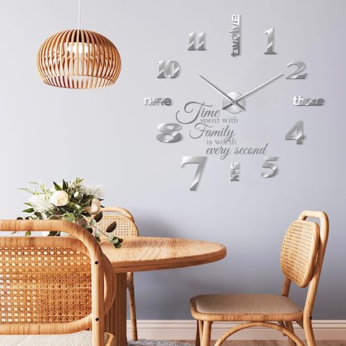 3D Wall Clock Frameless DIY Wall Clock, Big Clock with Quote Sticker for Living Room, Modern Decor for Home Bedroom Office Wall Decorations, Adjustable Size Max 47 Inch (Silver)