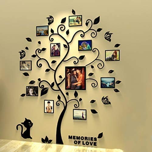 3D Black Trunk Leaves Wall Stickers Happy Family Tree Decal DIY Decor Sticker with Four DIY Vertical Bars Photo Frames (Black, M)