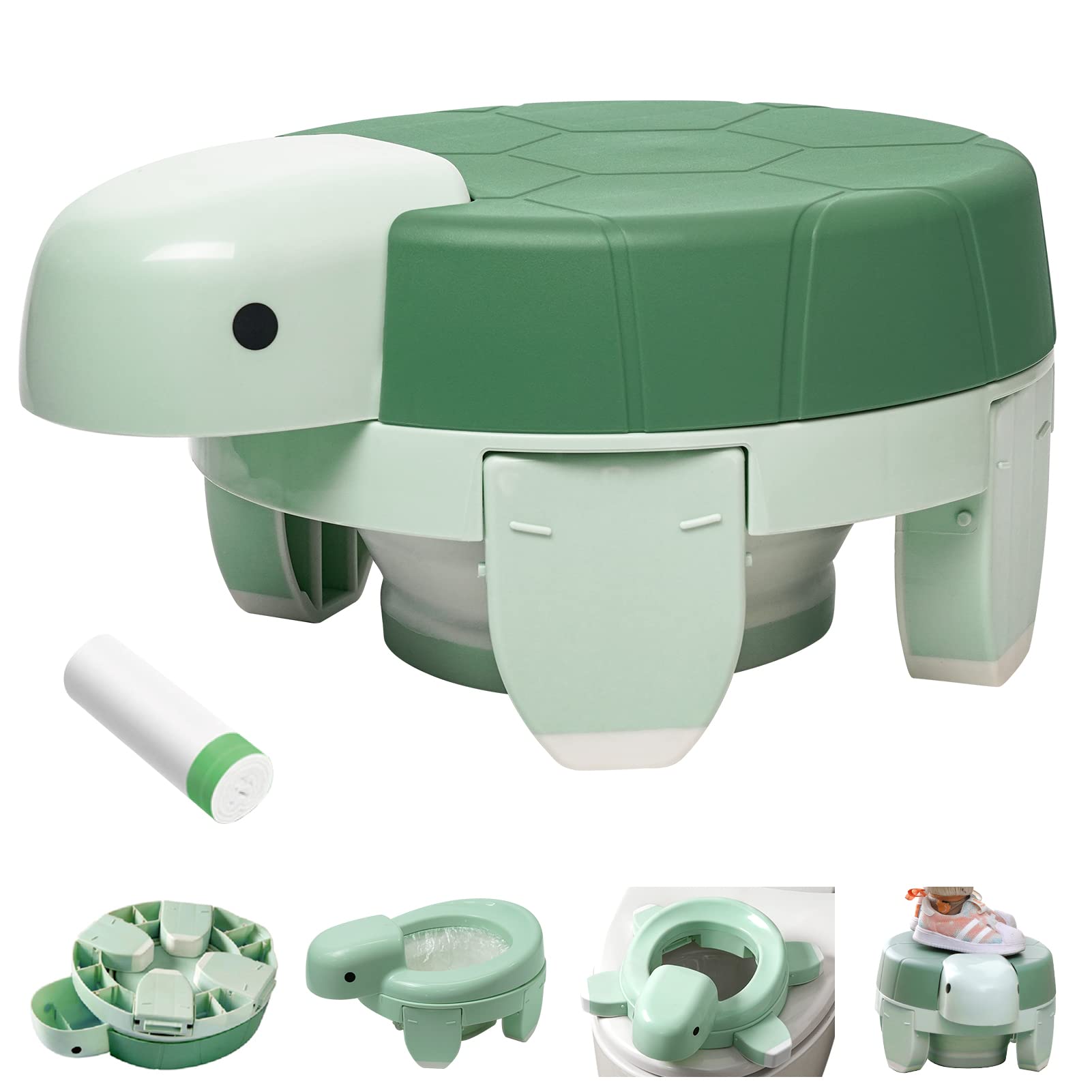 EASICOZI 4 in-1 Potty Training Toilet, Portable Potty Training Seat for Toddler Travel, Foldable Baby Travel Potty with 20 Disposable Potty Liners Carry Bags (Green)